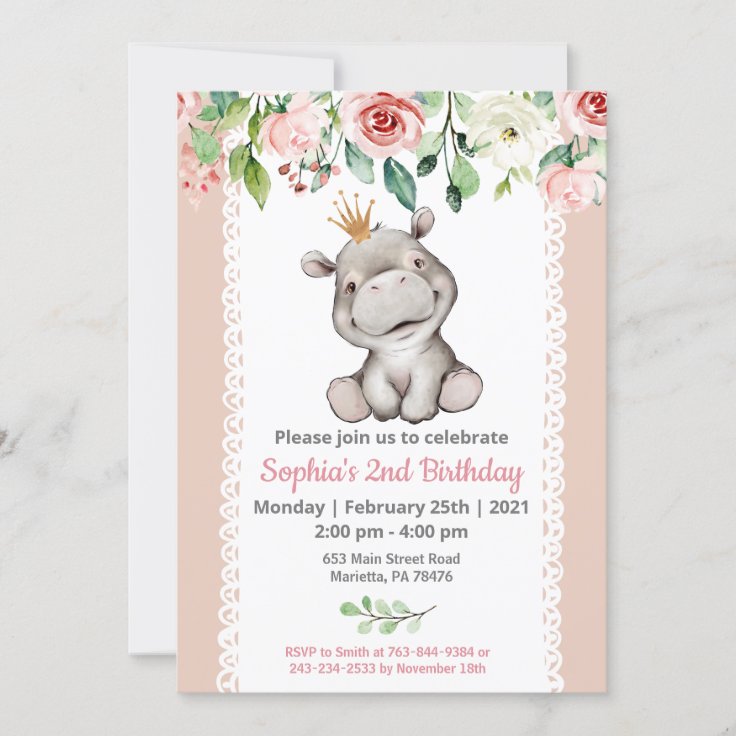 Girl Baby Hippo Birthday Party Invitation | Zazzle