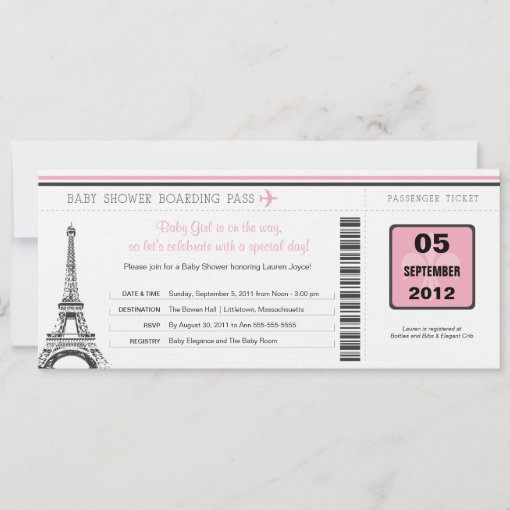 Girl Baby Shower Boarding Pass to Paris Invitation | Zazzle
