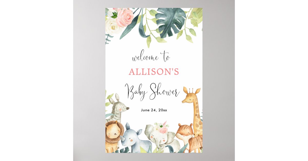 Girl baby shower safari animals welcome sign | Zazzle