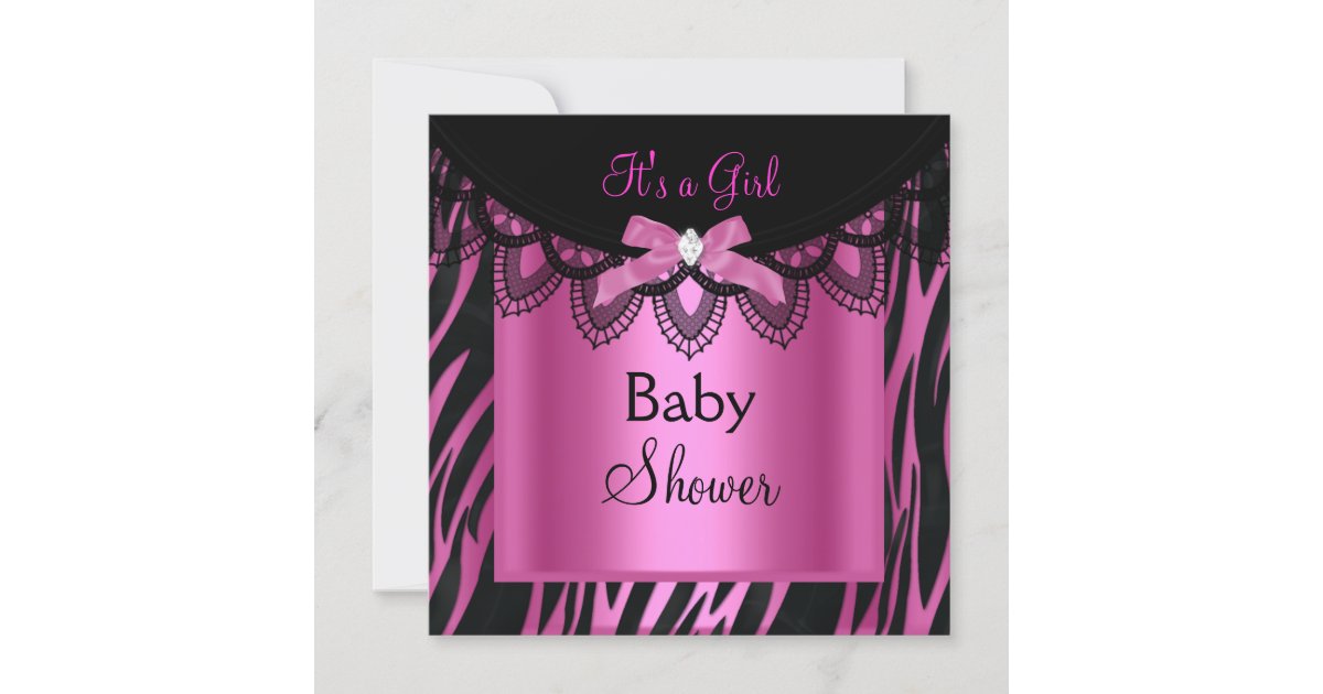 Girl Baby Shower Zebra Hot Pink Black Invitation | Zazzle
