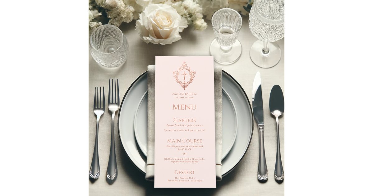 Girl Baptism Pink Crest Rose Gold Vintage Cross Menu | Zazzle