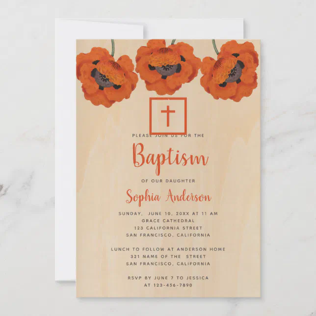 Girl Baptism Rustic Red Poppies Brown Wood Script Invitation Zazzle