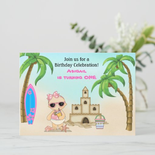 Girl Beach Baby Sandcastle, Surfboard 1st Birthday Invitation | Zazzle