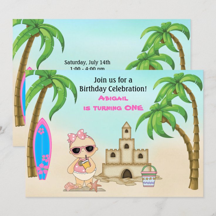 Girl Beach Baby Sandcastle, Surfboard 1st Birthday Invitation | Zazzle