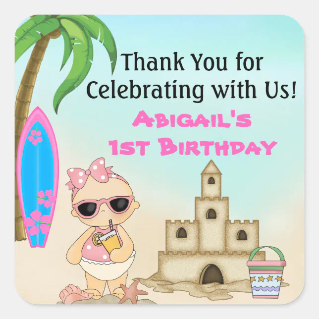 Girl Beach Baby Sandcastle, Surfboard 1st Birthday Square Sticker | Zazzle