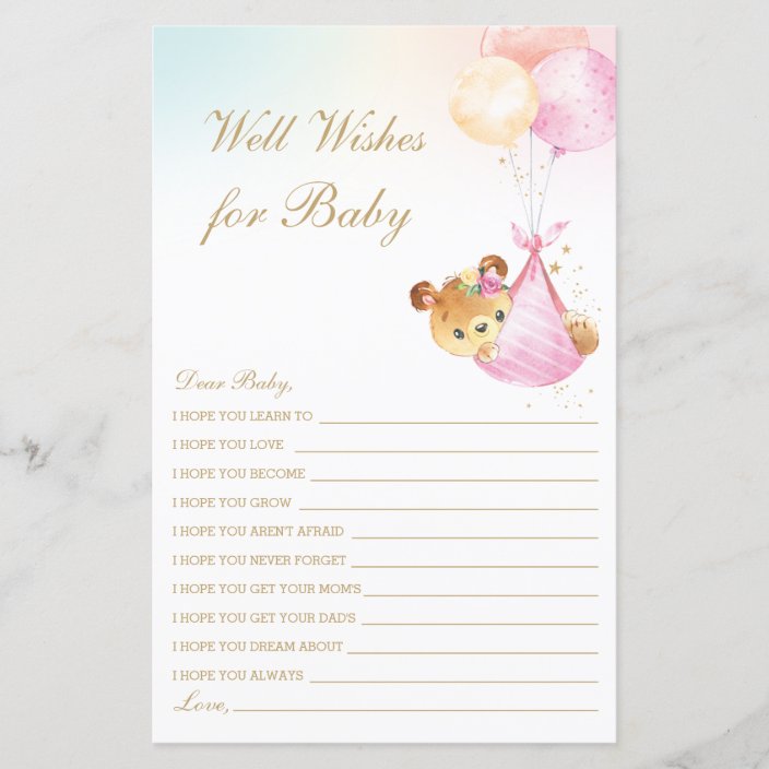 Girl Bear Balloons Well Wishes for Baby Shower | Zazzle.com