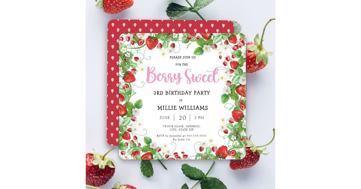 Girl Berry Sweet Square Birthday Party Invitation | Zazzle