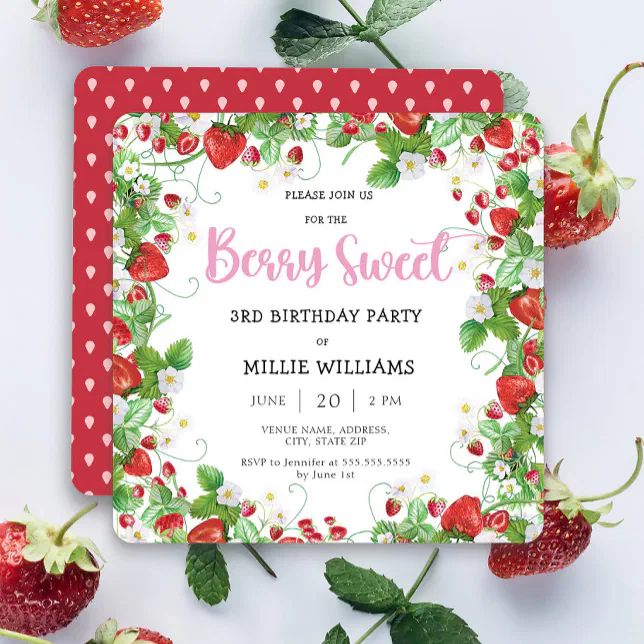 Girl Berry Sweet Square Birthday Party Invitation | Zazzle
