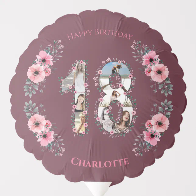 Girl Big 18th Birthday Photo Collage Pink Flower Balloon | Zazzle