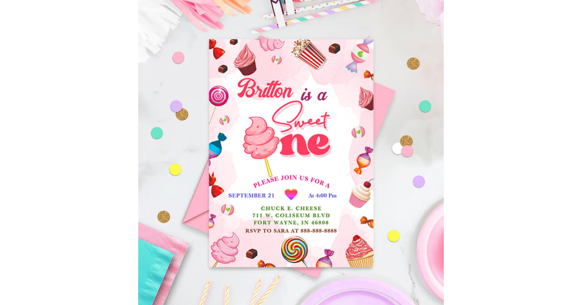 Girl Birthday Candy Sweet One Party Invitation | Zazzle