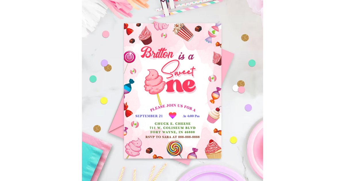 Girl Birthday Candy Sweet One Party Invitation | Zazzle