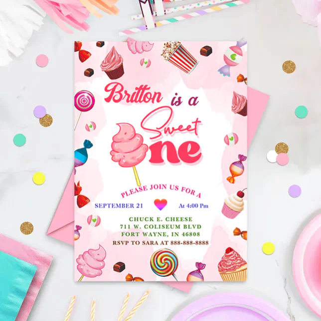 Girl Birthday Candy Sweet One Party Invitation | Zazzle