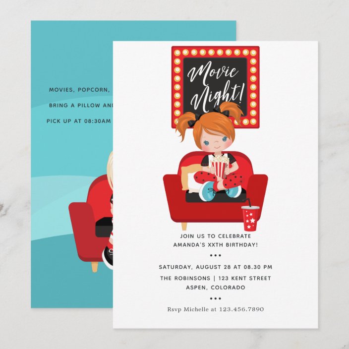 Girl Birthday Movie Night Sleepover Party Invitation | Zazzle.com