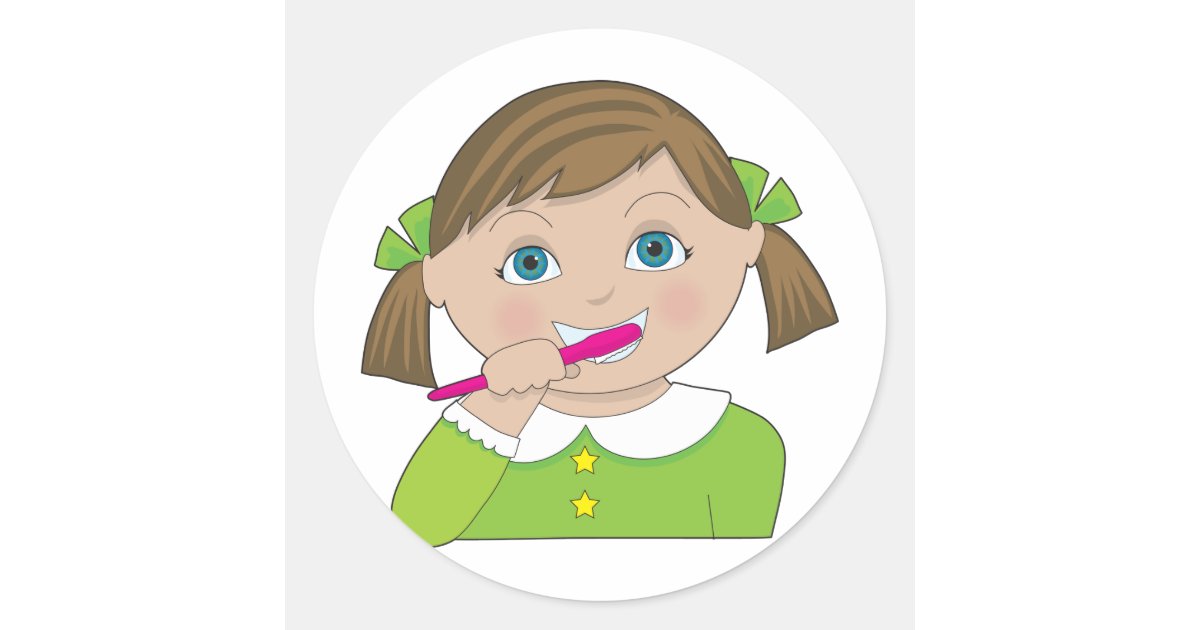 Girl Brushing Teeth Classic Round Sticker | Zazzle