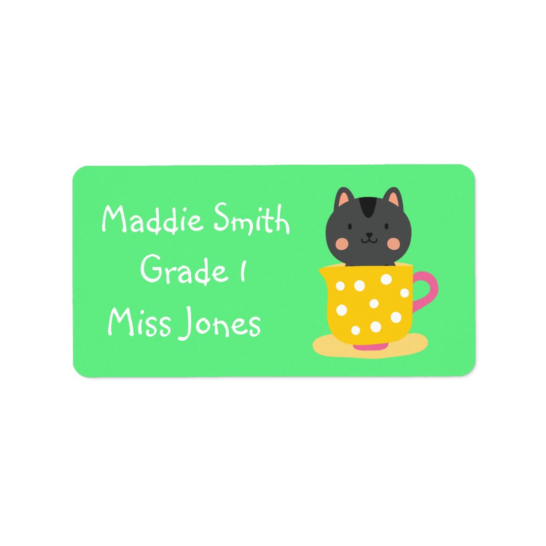 Girl cat in teacup cute name book labels | Zazzle