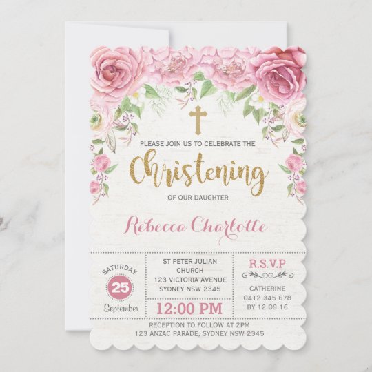 Girl Christening Invitation Pink Gold Flower Roses | Zazzle.com