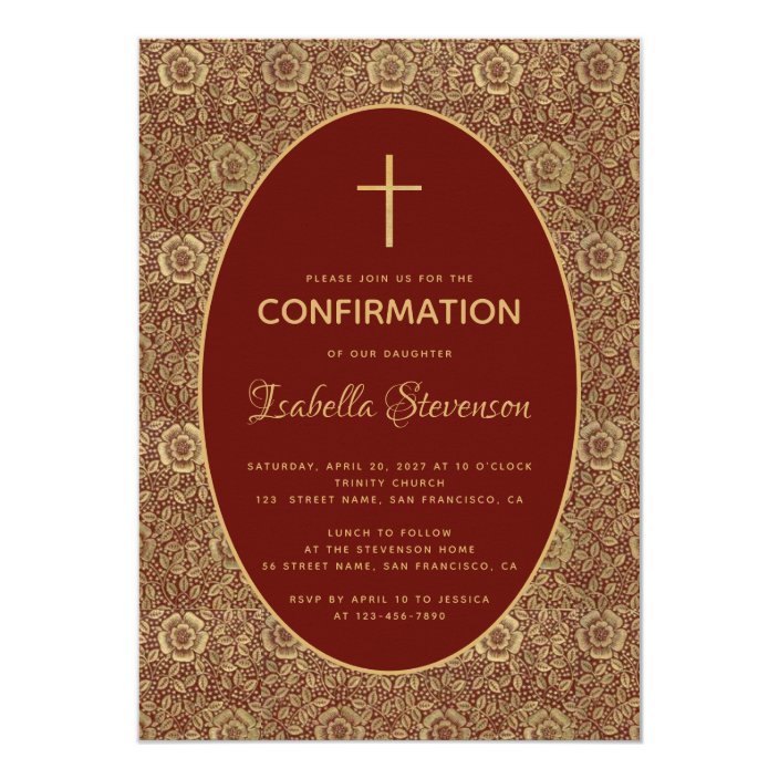 Girl Confirmation Burgundy Gold Roses Elegant Red Invitation | Zazzle.com