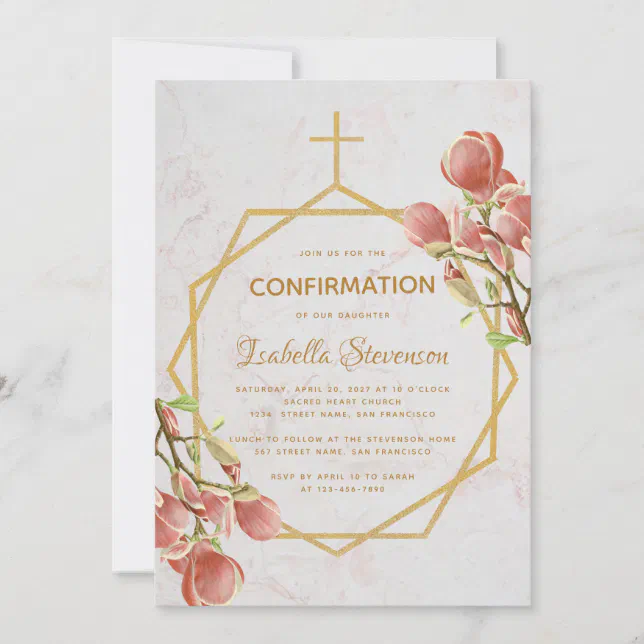Girl Confirmation Gold Pink Magnolia Marble Floral Invitation | Zazzle