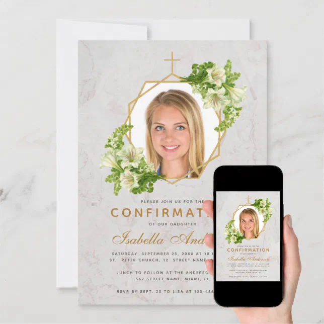 Girl Confirmation Photo Floral Marble White Lilies Invitation | Zazzle