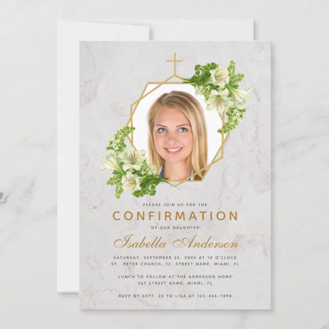 Girl Confirmation Photo Floral Marble White Lilies Invitation | Zazzle