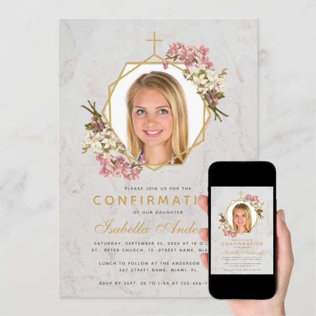 Girl Confirmation Photo Gold Marble Pink Orchids Invitation | Zazzle