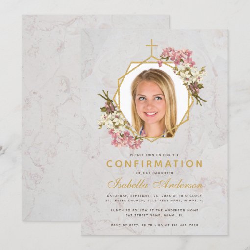 Girl Confirmation Photo Gold Marble Pink Orchids Invitation | Zazzle