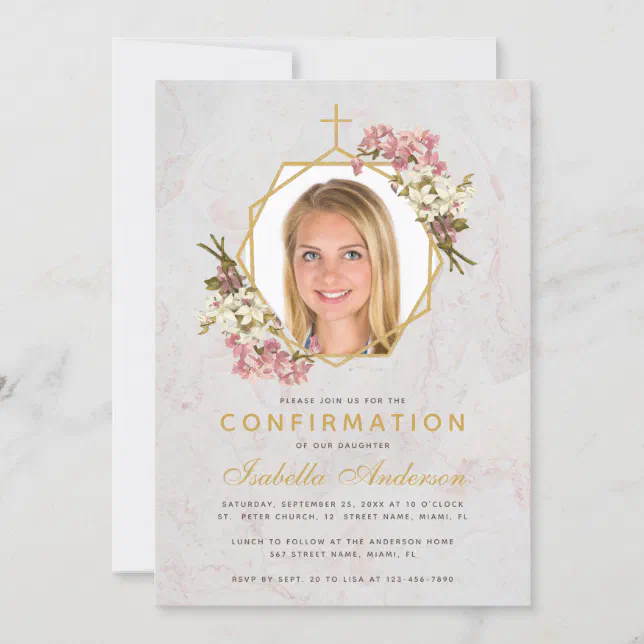 Girl Confirmation Photo Gold Marble Pink Orchids Invitation | Zazzle