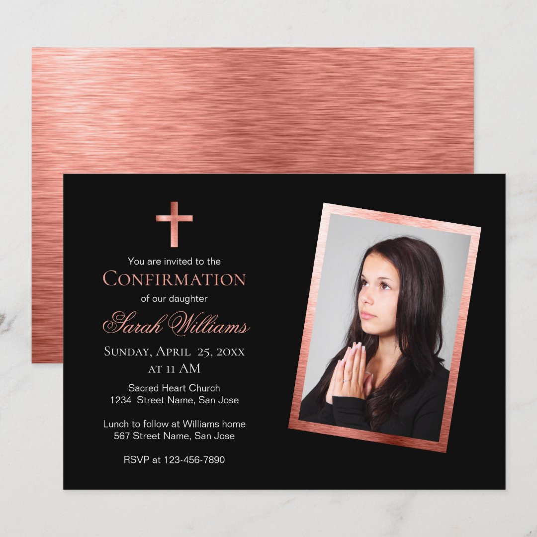 Girl Confirmation Photo Rose Gold Black Pink Invitation | Zazzle