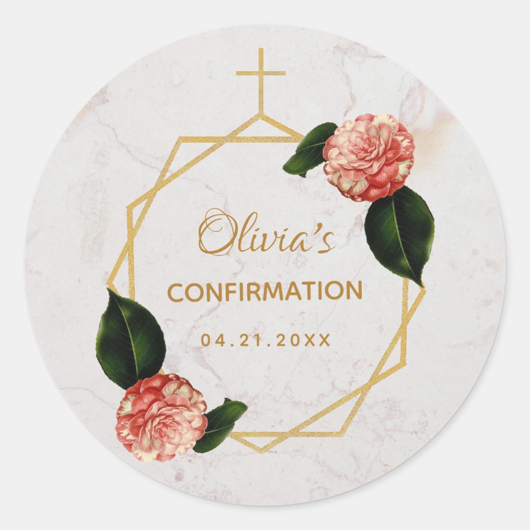 Girl Confirmation Pink Camellia Floral Gold Marble Classic Round ...