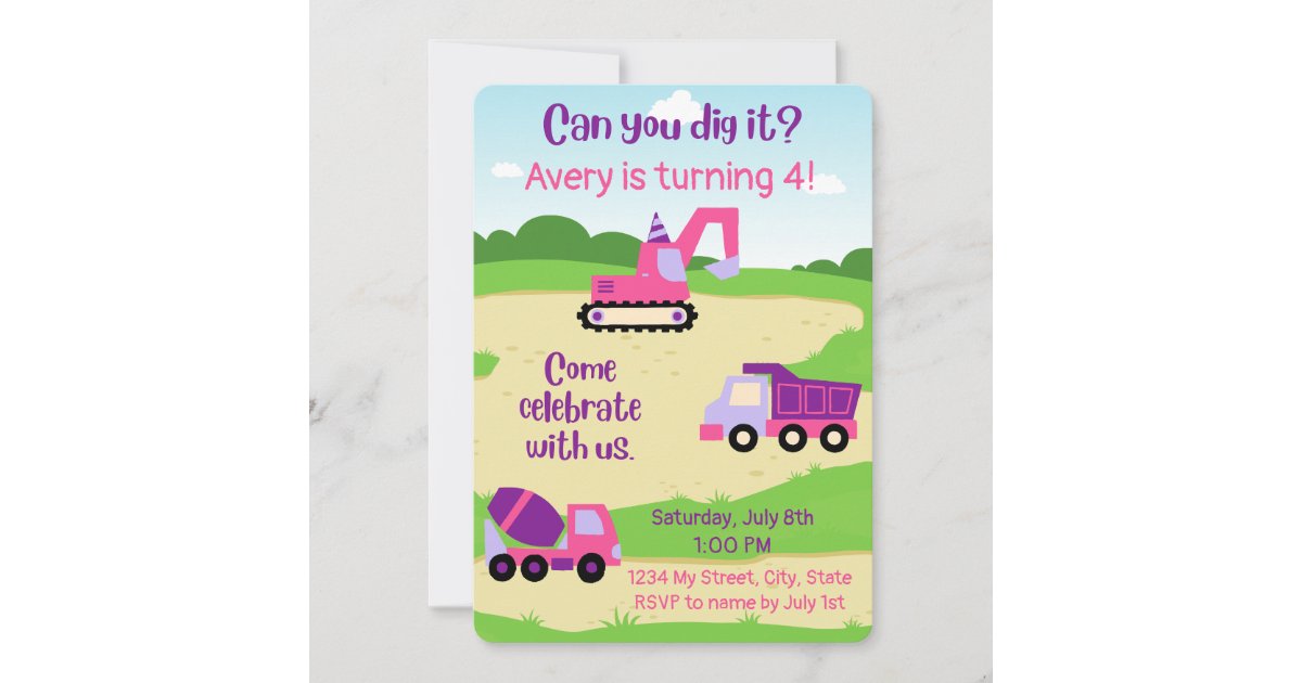 Girl Construction Birthday Invite | Zazzle