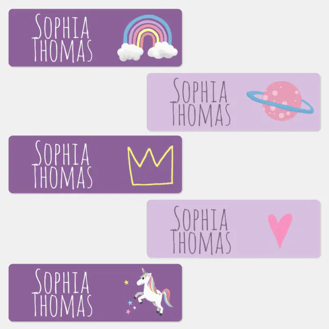 Girl Cute Purple Magical Unicorn School Kids' Labels | Zazzle