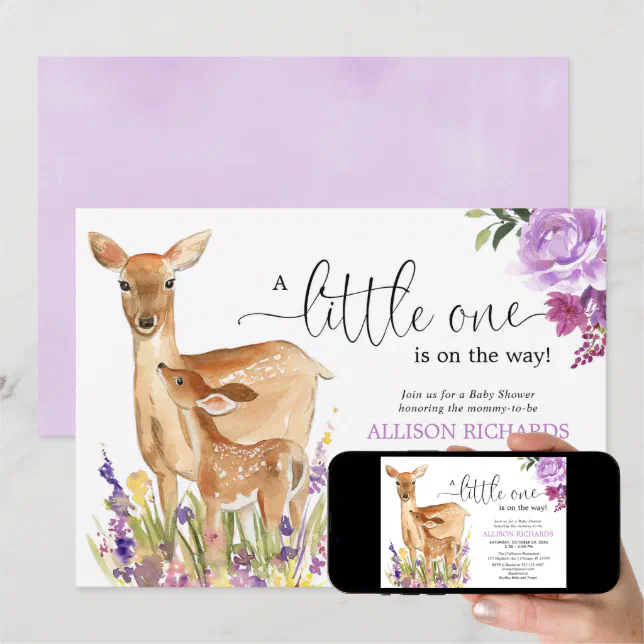 Girl deer purple floral woodland fawn baby shower invitation | Zazzle