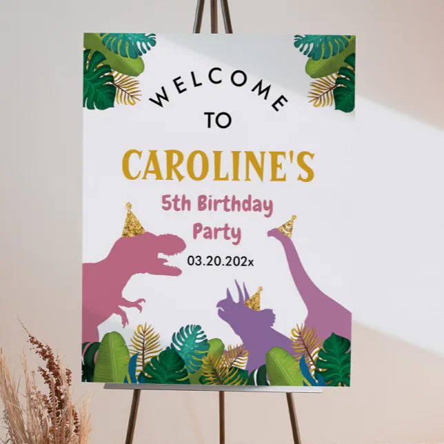 Girl Dinosaur Birthday Welcome Sign | Zazzle