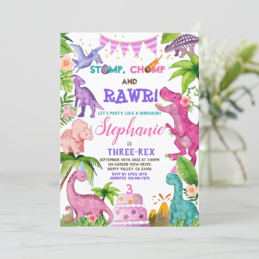 Girl Dinosaur Three-Rex 3rd Birthday Party Pink In Invitation | Zazzle