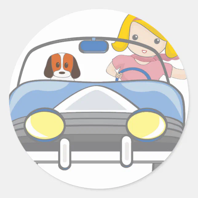 Girl driving a car classic round sticker | Zazzle