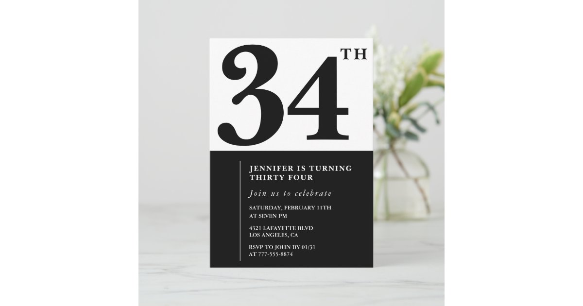 Girl Elegant 34th birthday invitation Black White | Zazzle