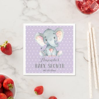 Girl Elephant Baby Shower Purple and Gray Napkins | Zazzle