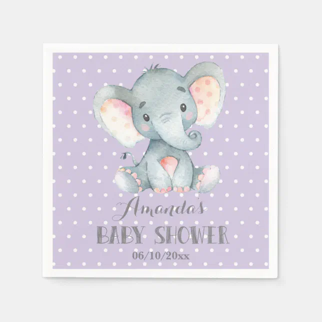 Girl Elephant Baby Shower Purple and Gray Napkins | Zazzle