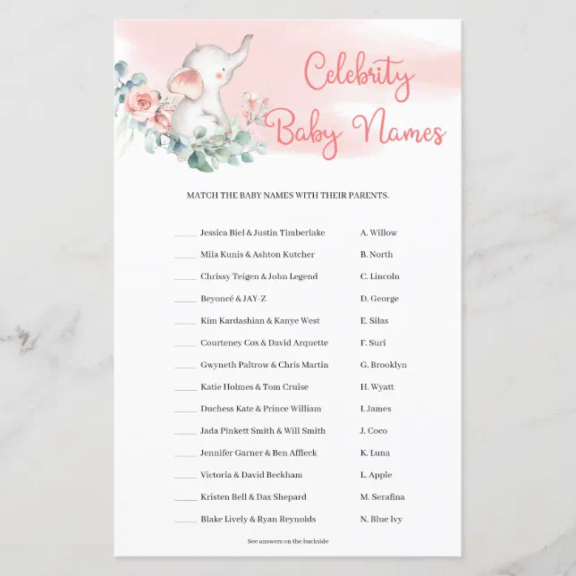 Girl Elephant Eucalyptus Celebrity Baby Names game | Zazzle