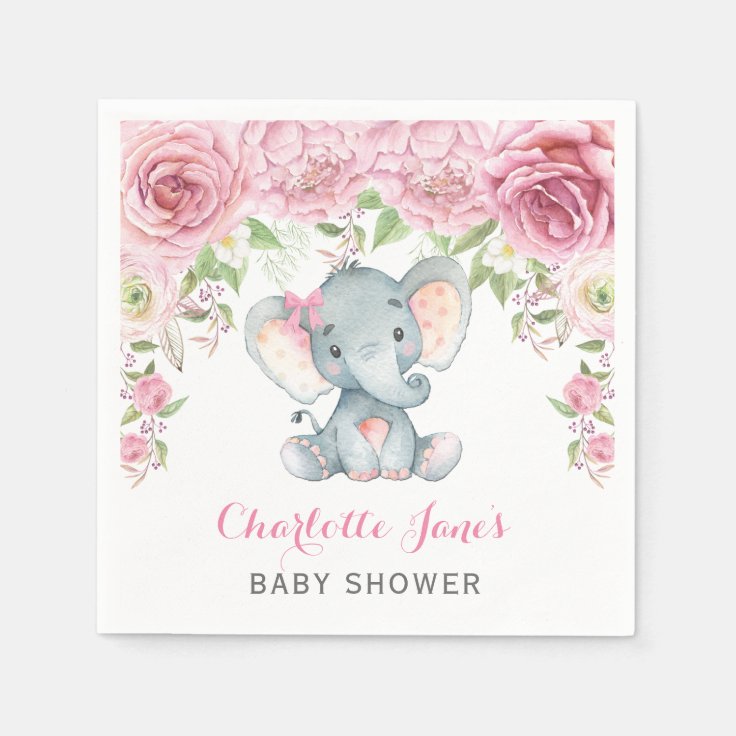 Girl Elephant Paper Napkin Pink Floral Baby Shower | Zazzle