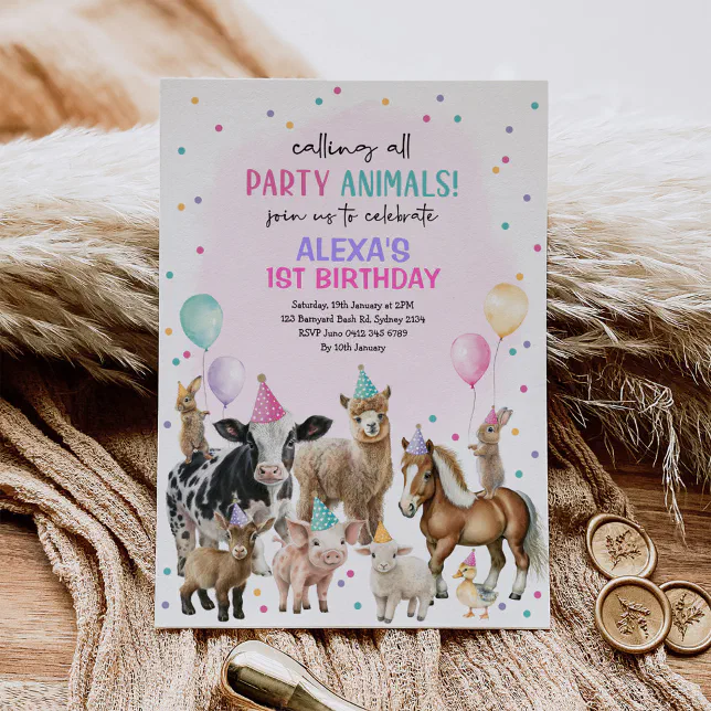 Girl Farm Animals Barnyard Bash Balloons Birthday Invitation | Zazzle