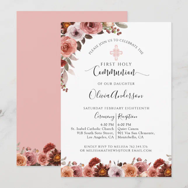 Girl First Communion Blush Pink Floral Invitation | Zazzle