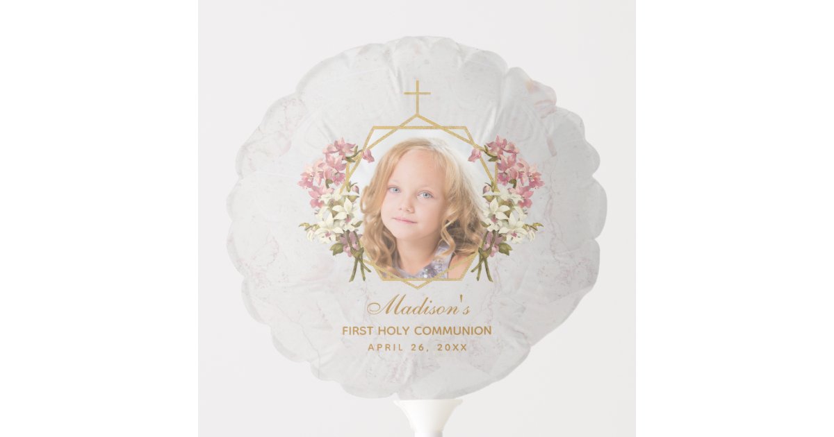 Girl First Communion Photo Pink Orchid Marble Gold Balloon | Zazzle