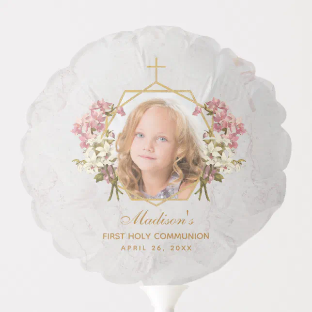 Girl First Communion Photo Pink Orchid Marble Gold Balloon | Zazzle