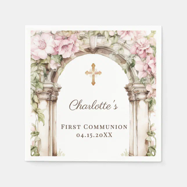 Girl First Communion Pink Florals Arch Gold Cross Napkins | Zazzle