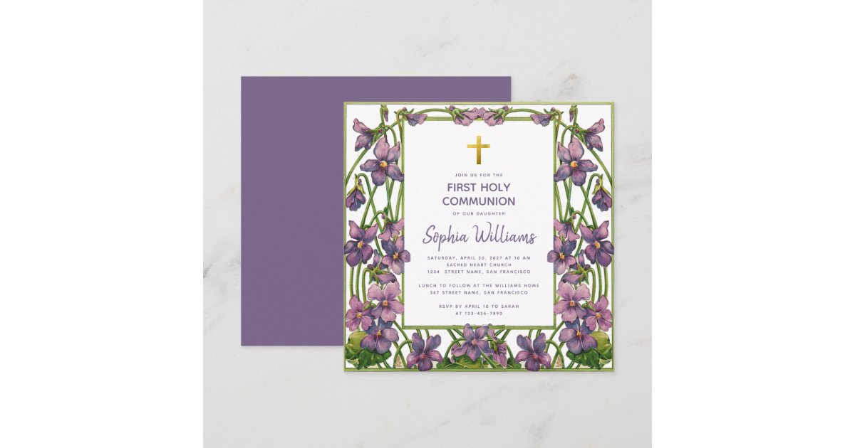 Girl First Communion Purple Green Violets Floral Invitation | Zazzle