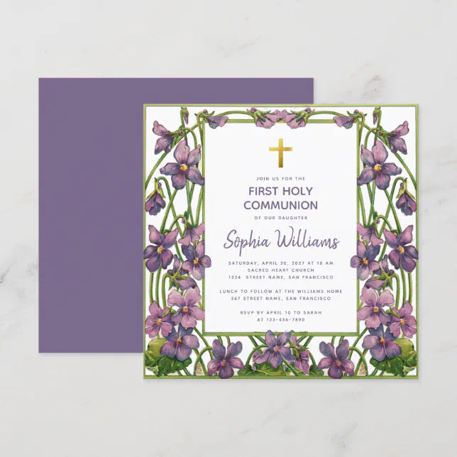Girl First Communion Purple Green Violets Floral Invitation | Zazzle