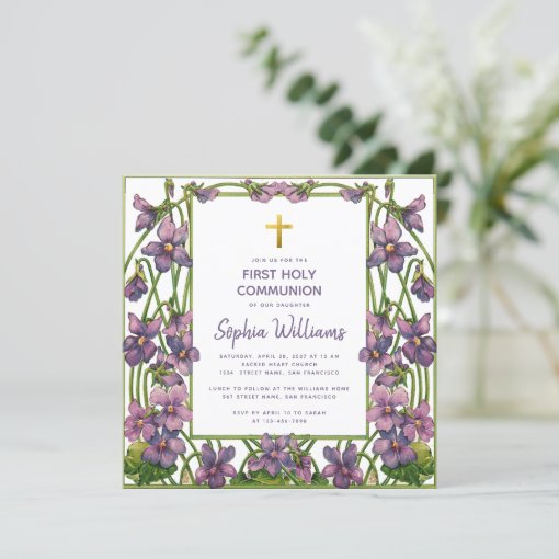 Girl First Communion Purple Green Violets Floral Invitation | Zazzle