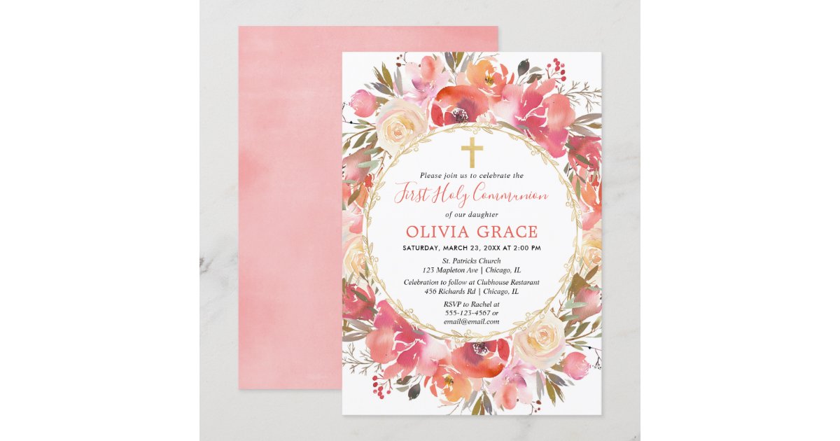 Girl First Holy Communion Floral Coral blush pink Invitation | Zazzle