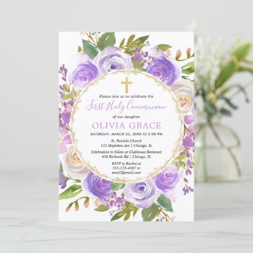 Girl First Holy Communion Floral Purple lavender Invitation | Zazzle